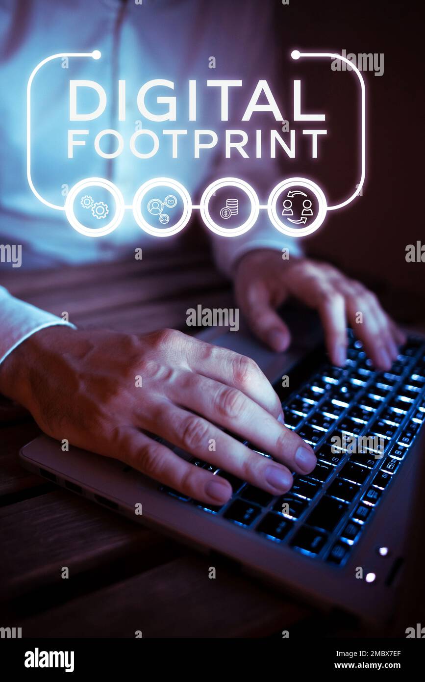 Hand writing sign Digital Footprint. Word for uses digital technology ...