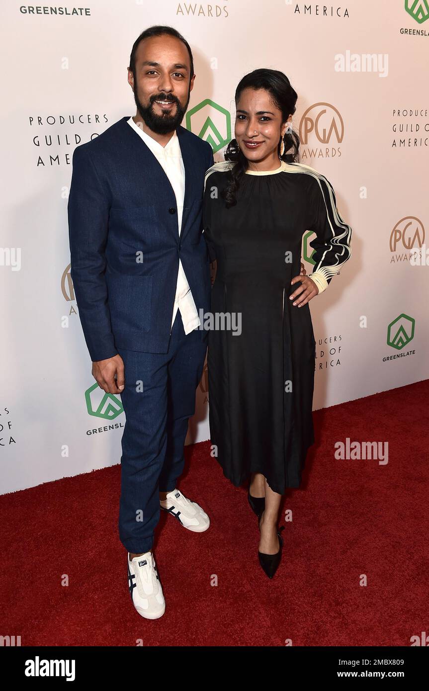 Sushmit Ghosh, left, and Rintu Thomas arrive at the 33rd Annual Producers Guild Awards at the ...