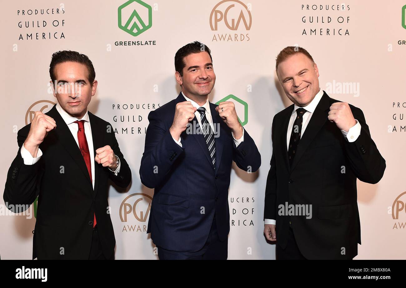 Hayden Schlossberg, from left, Jon Hurwitz and Josh Heald arrive at the ...