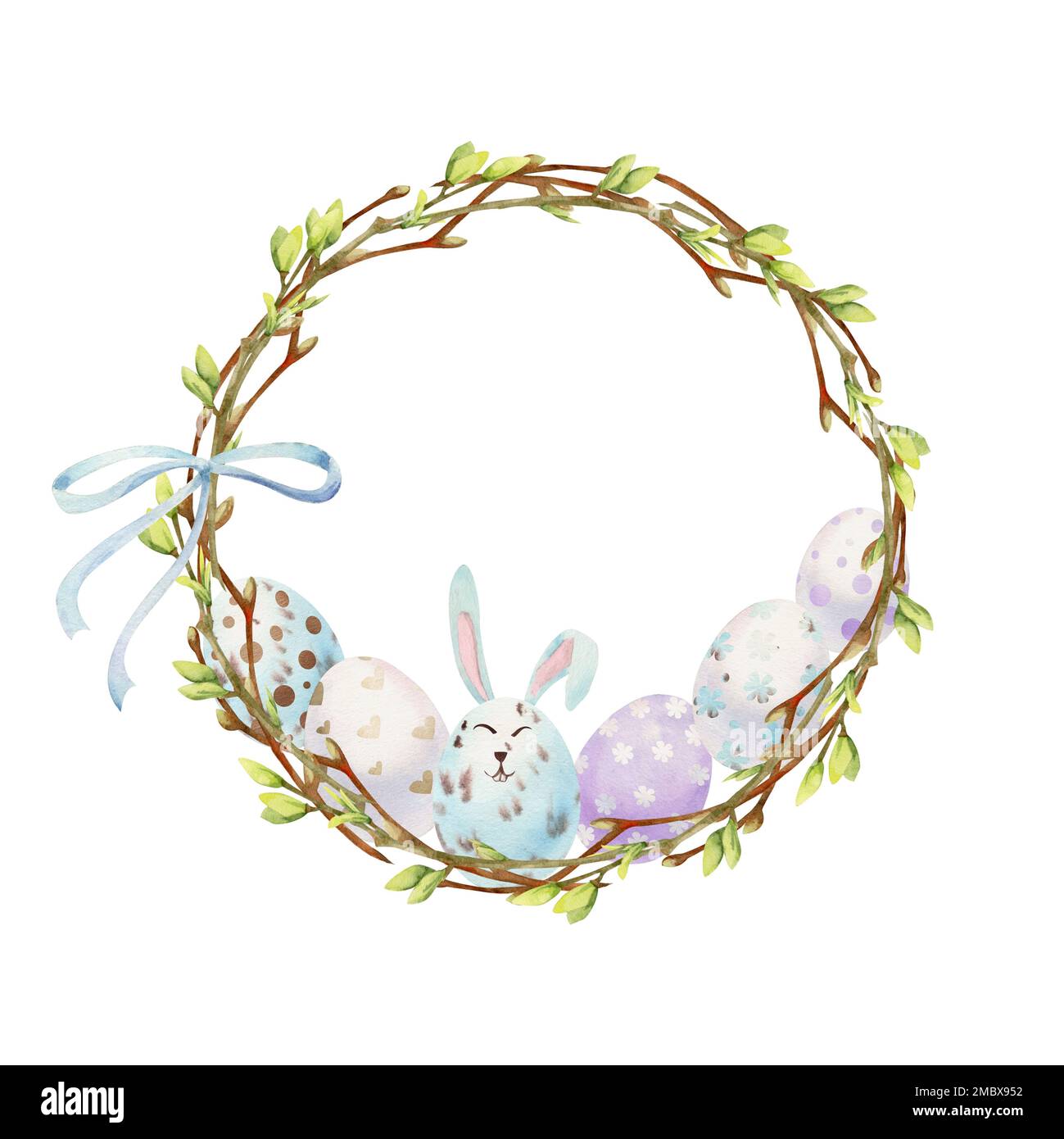 Watercolor hand drawn Easter celebration clipart. Pastel circle wreath ...