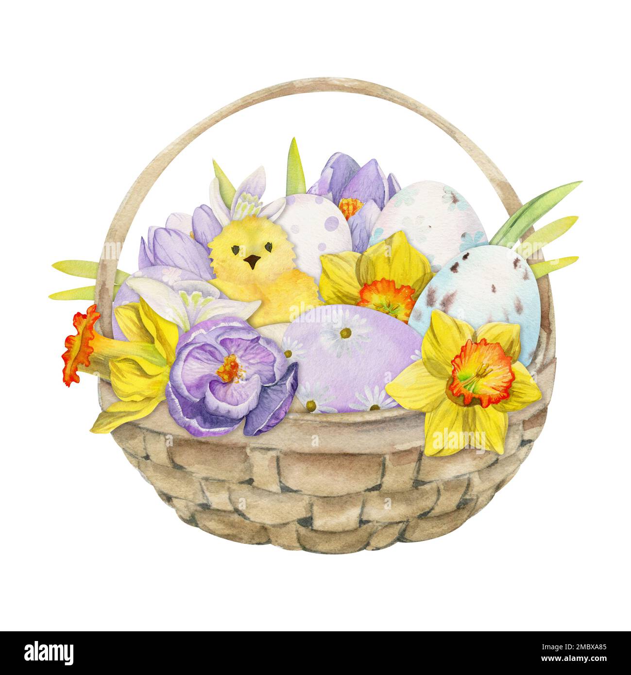 Watercolor hand drawn Easter celebration clipart. Basket with painted ...