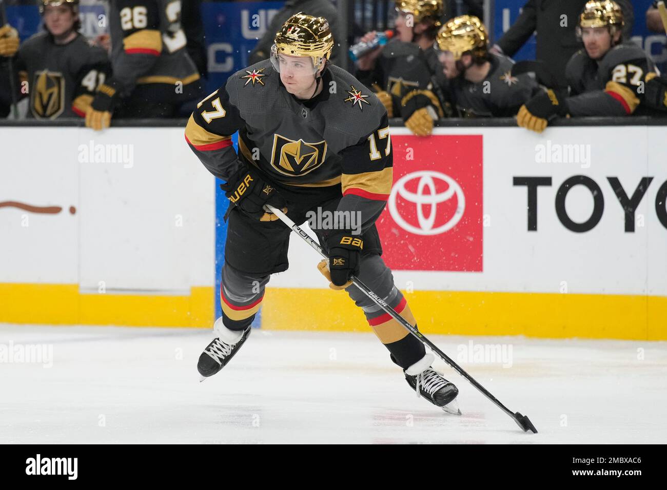 Vegas Golden Knights defenseman Ben Hutton (17) plays against the Los ...
