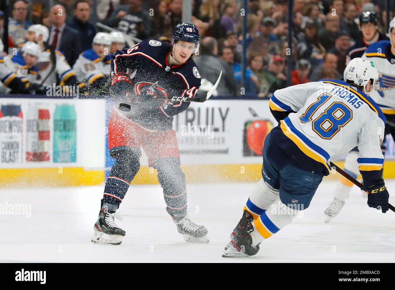 Columbus Blue Jackets defenseman Dean Kukan fires the puck during the ...