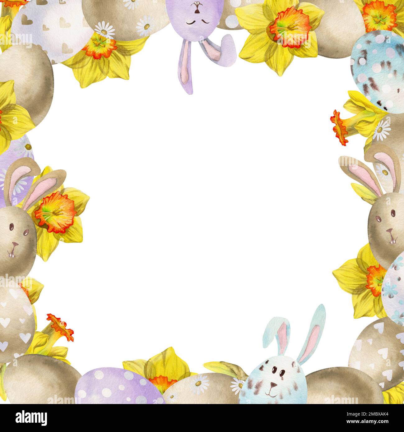 Watercolor hand drawn Easter celebration clipart. Border frame with ...