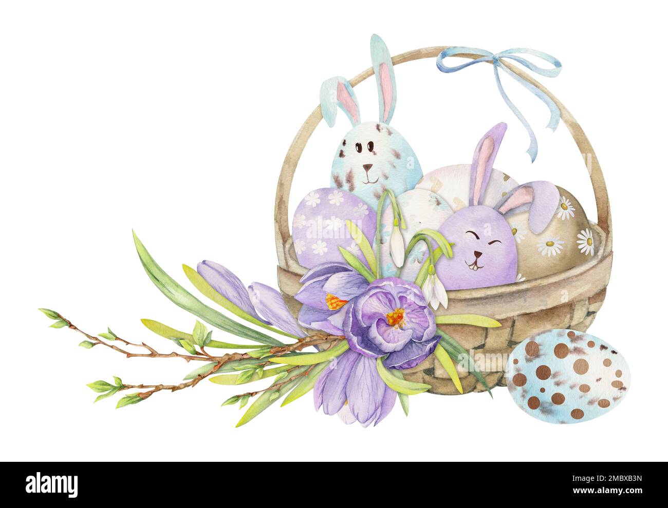 Watercolor hand drawn Easter celebration clipart. Basket of painted ...