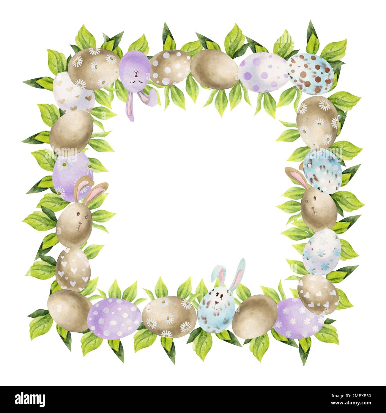 Watercolor hand drawn Easter celebration clipart. Border frame of eggs ...