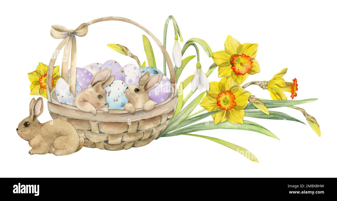 Watercolor hand drawn Easter celebration clipart. Basket of painted ...