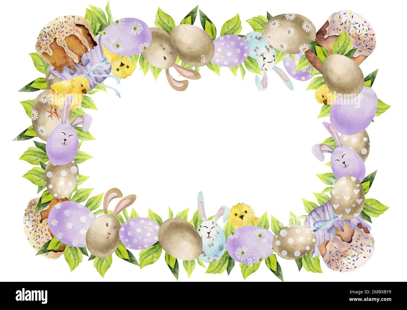 Watercolor hand drawn Easter celebration clipart. Border frame with ...