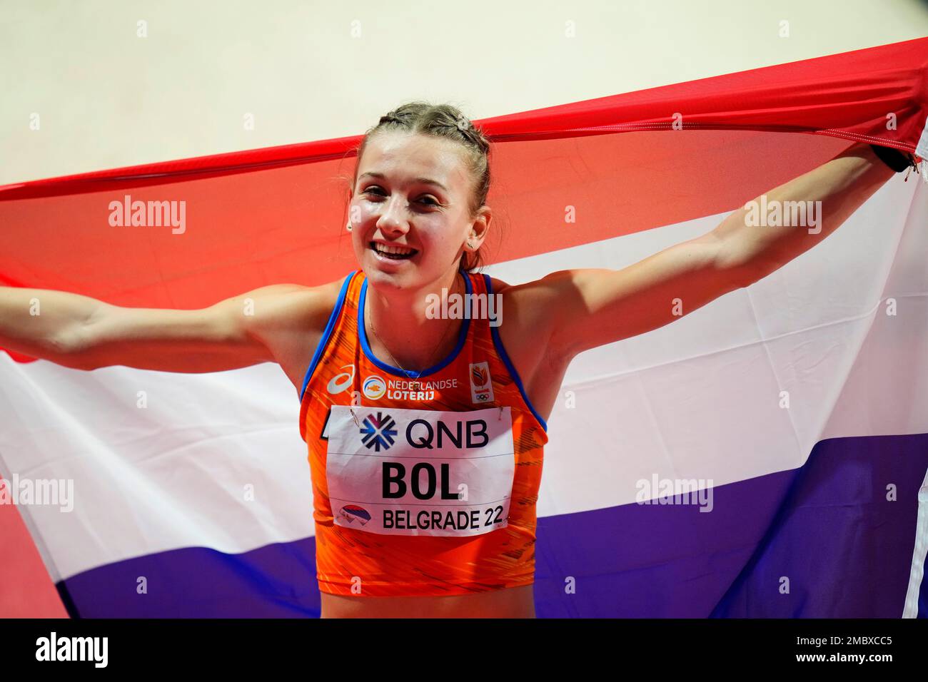 Femke Bol, of the Netherlands, celebrates after winning the silver ...