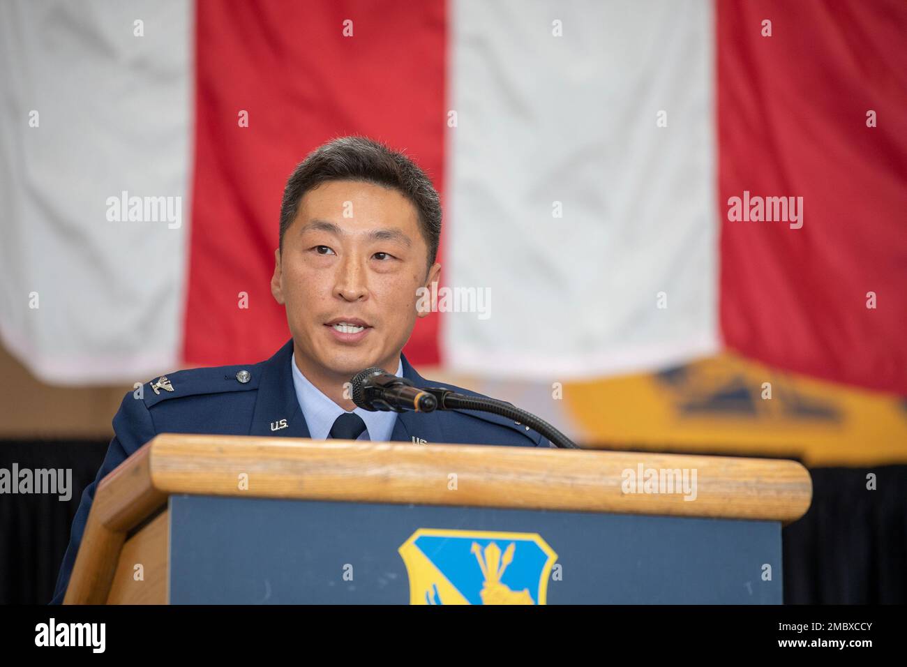 Col. Jun Oh, 374th Operations Group incoming commander delivers a ...