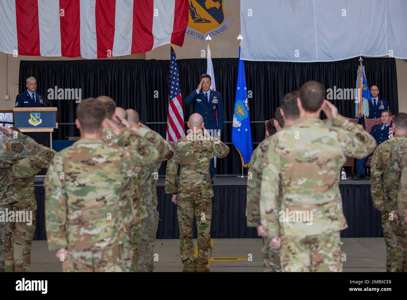 Col. Jun Oh, 374th Operations Group incoming commander, renders his ...