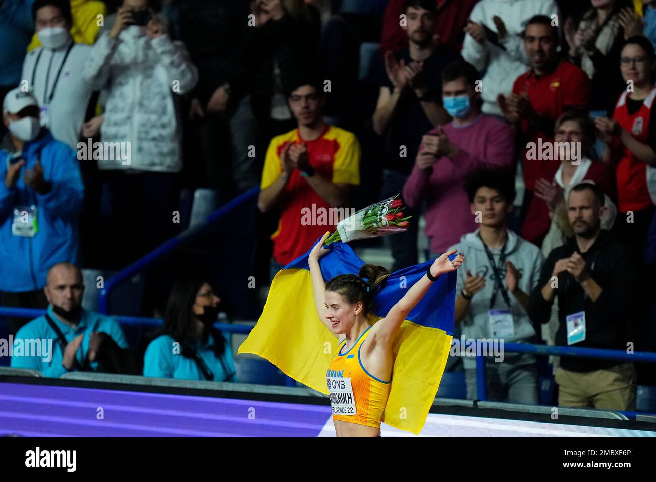 Yaroslava Mahuchikh, of Ukraine, is applauded after winning the Women's ...