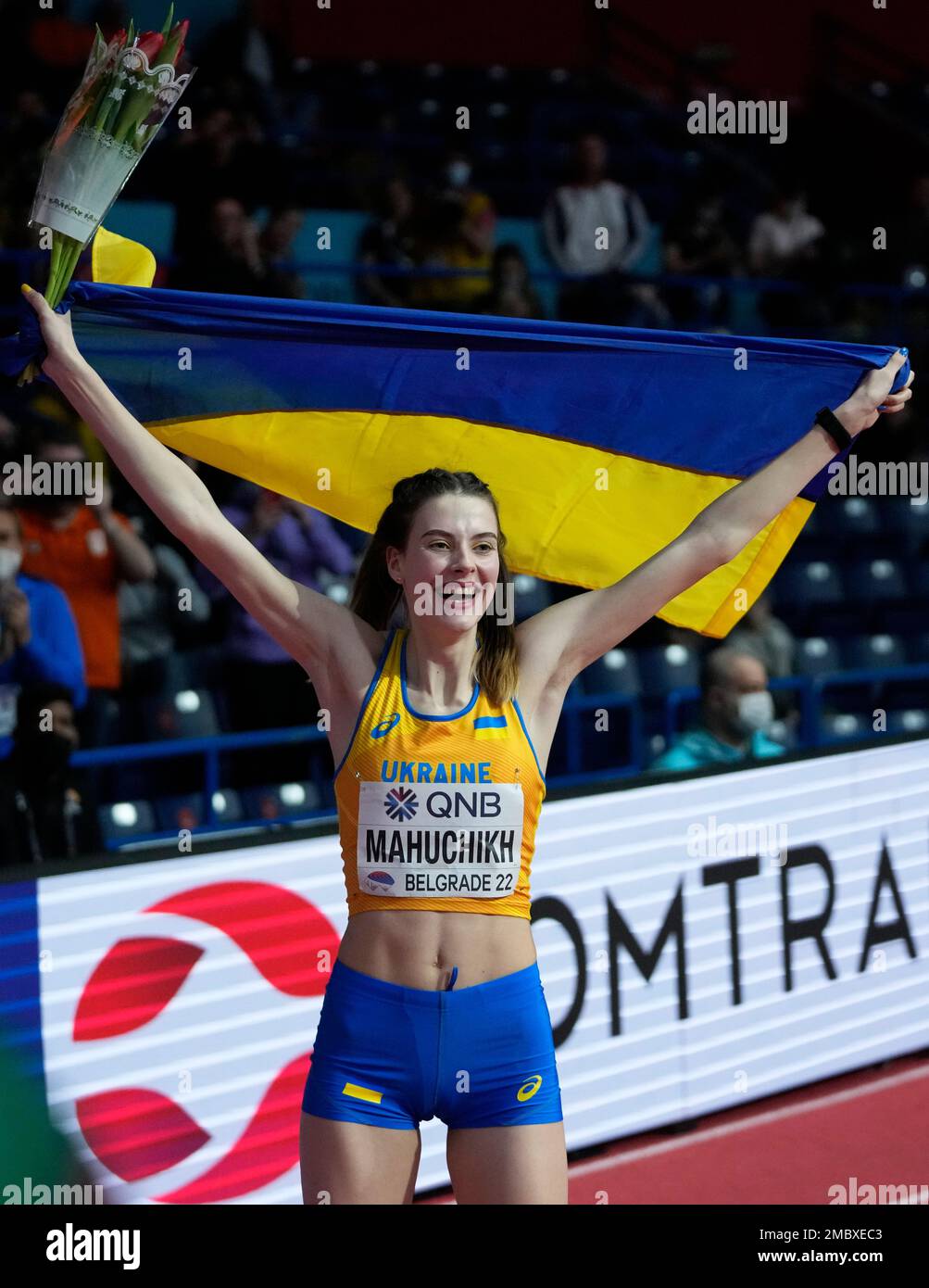 Yaroslava Mahuchikh, of Ukraine, celebrates after winning the Women's ...