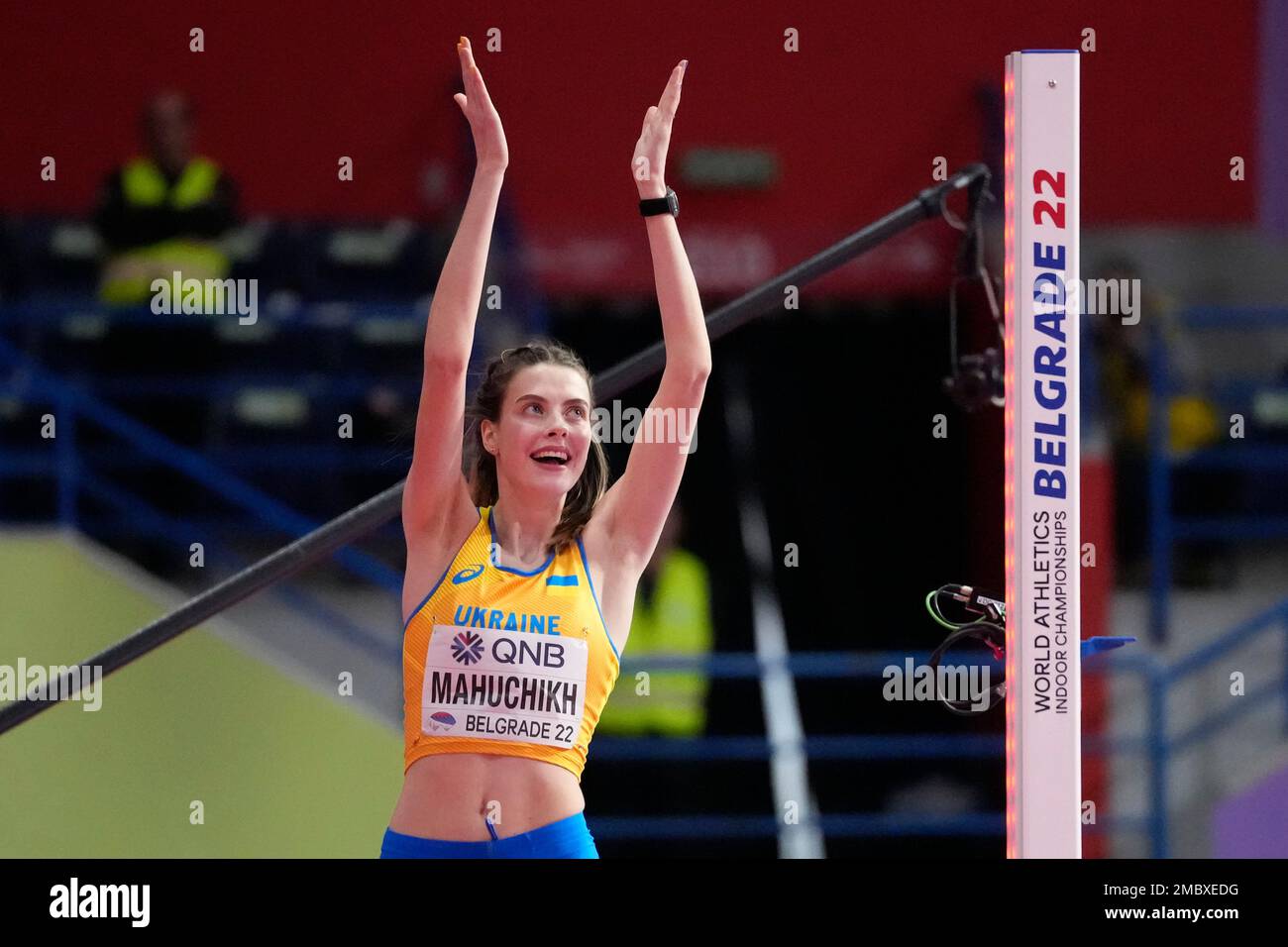 Yaroslava Mahuchikh, of Ukraine, celebrates after winning the Women's ...