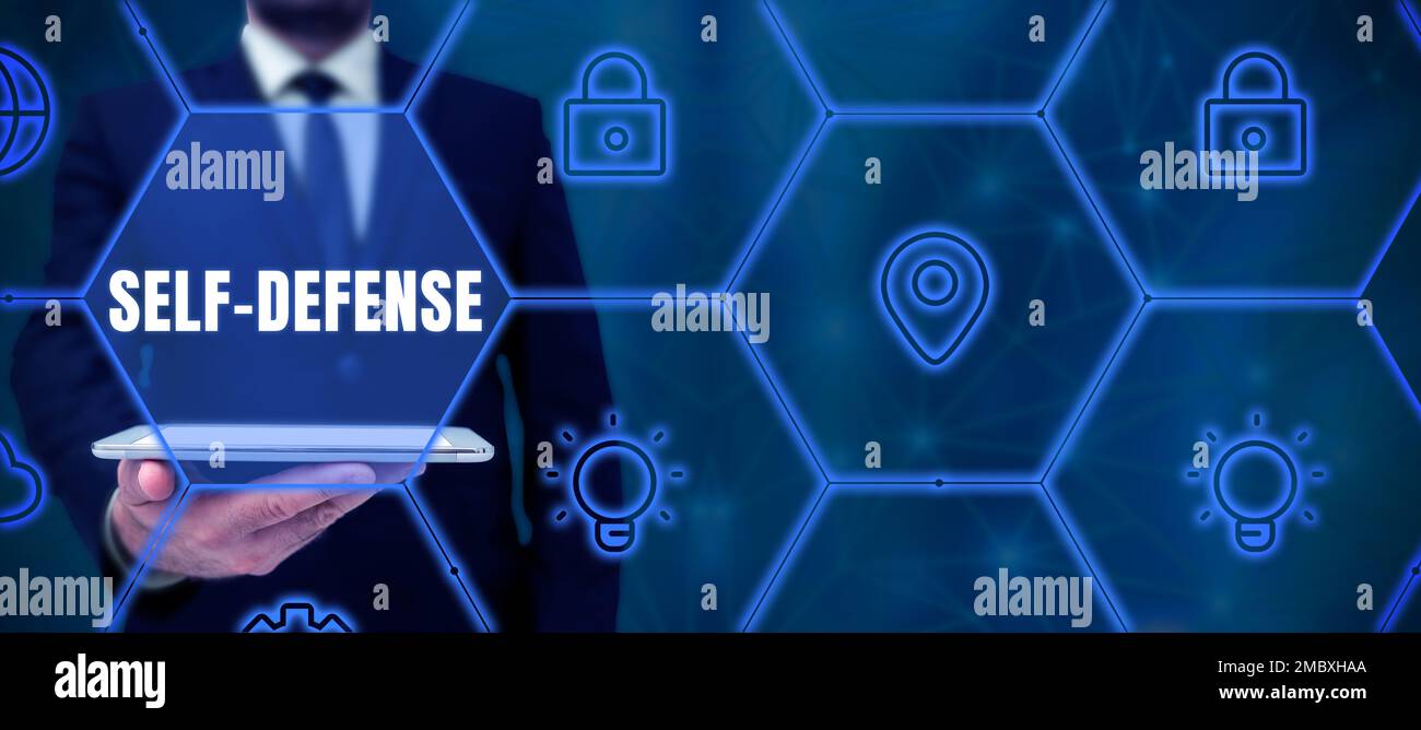 Text caption presenting Self Defense. Business idea the act of ...