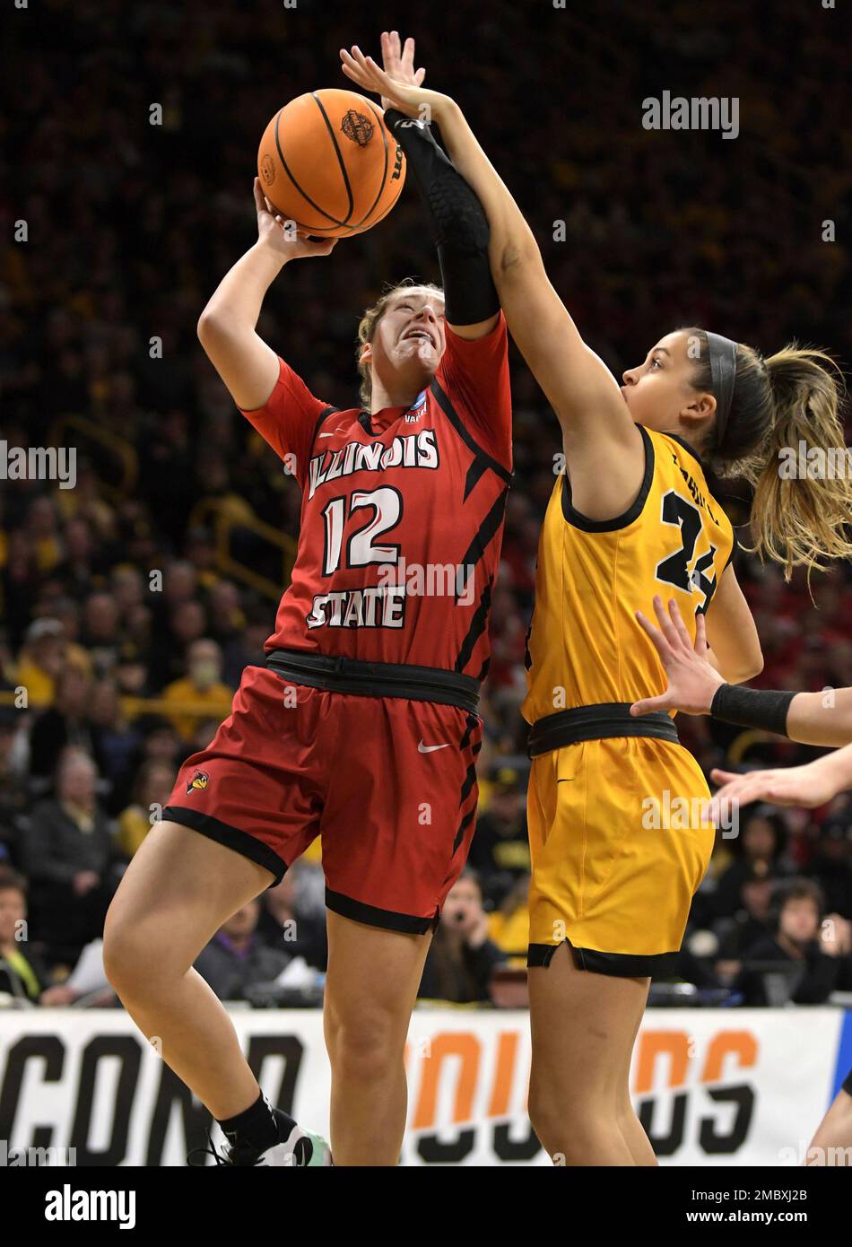 Illinois State guard Maya Wong (12) shoots the ball over Iowa guard ...