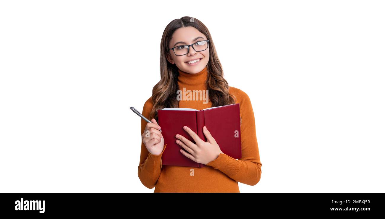 education of happy teen girl writing diary isolated on white. education ...