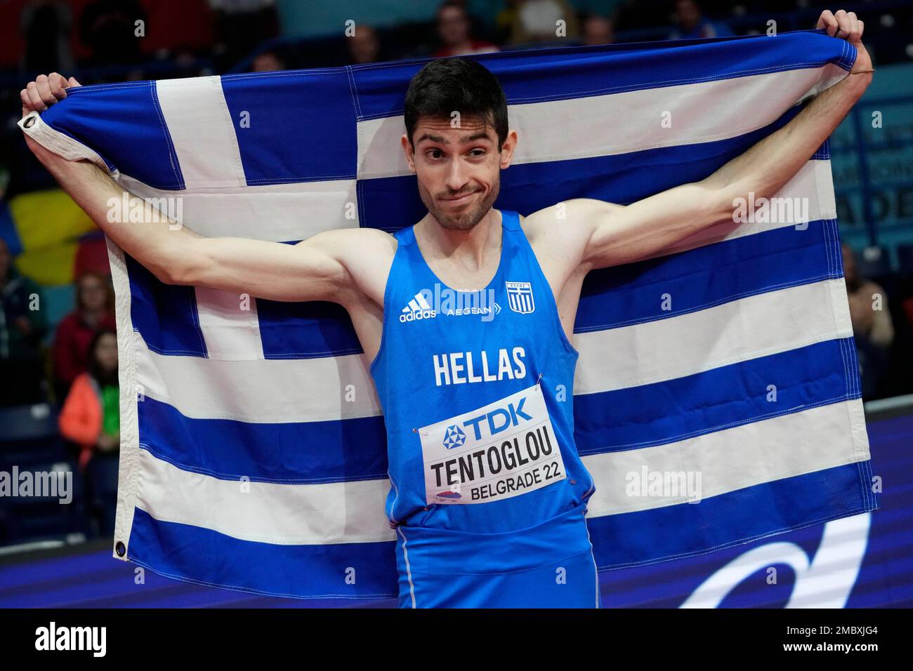 Miltiadis Tentoglou, of Greece, poses after winning the Men's long jump ... Miltiadis Tentoglou, of Greece, poses after winning the Men's long jump ...