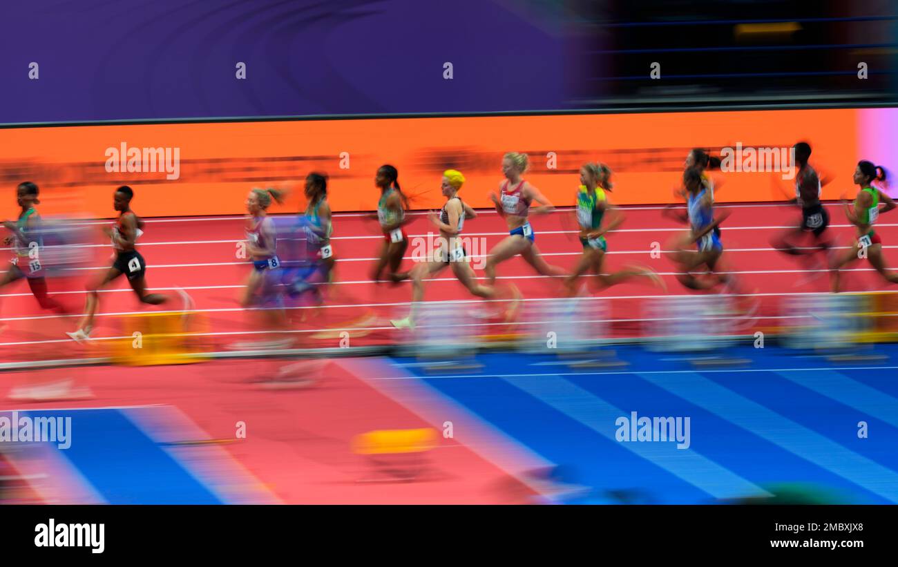 Athletes compete in the Women's 3000 meters at the World Athletics ...