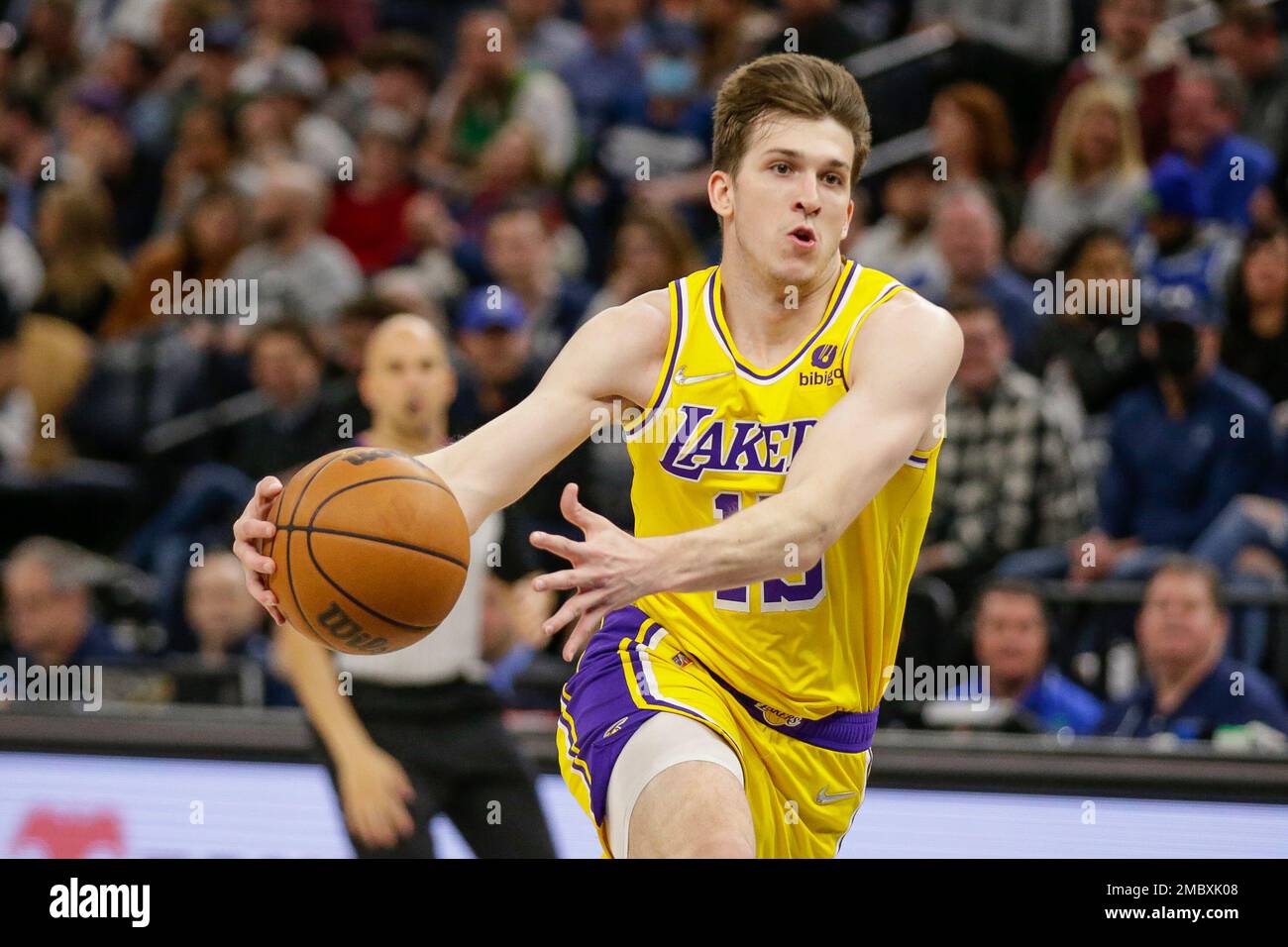 Los Angeles Lakers guard Austin Reaves drives during an NBA basketball ...