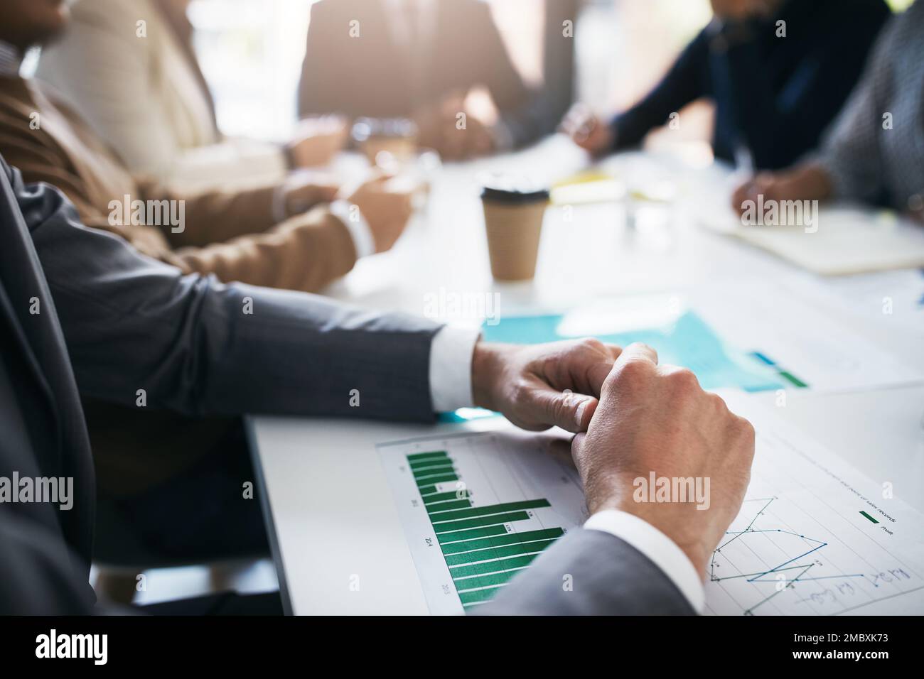 Meeting, hands and business man with data, chart or infographic of ...