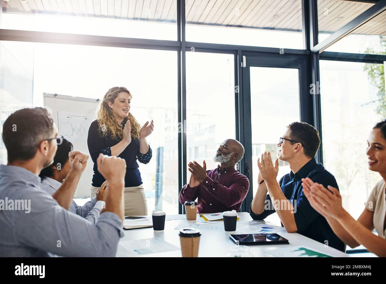Business people meeting, celebration applause or speaker presentation ...