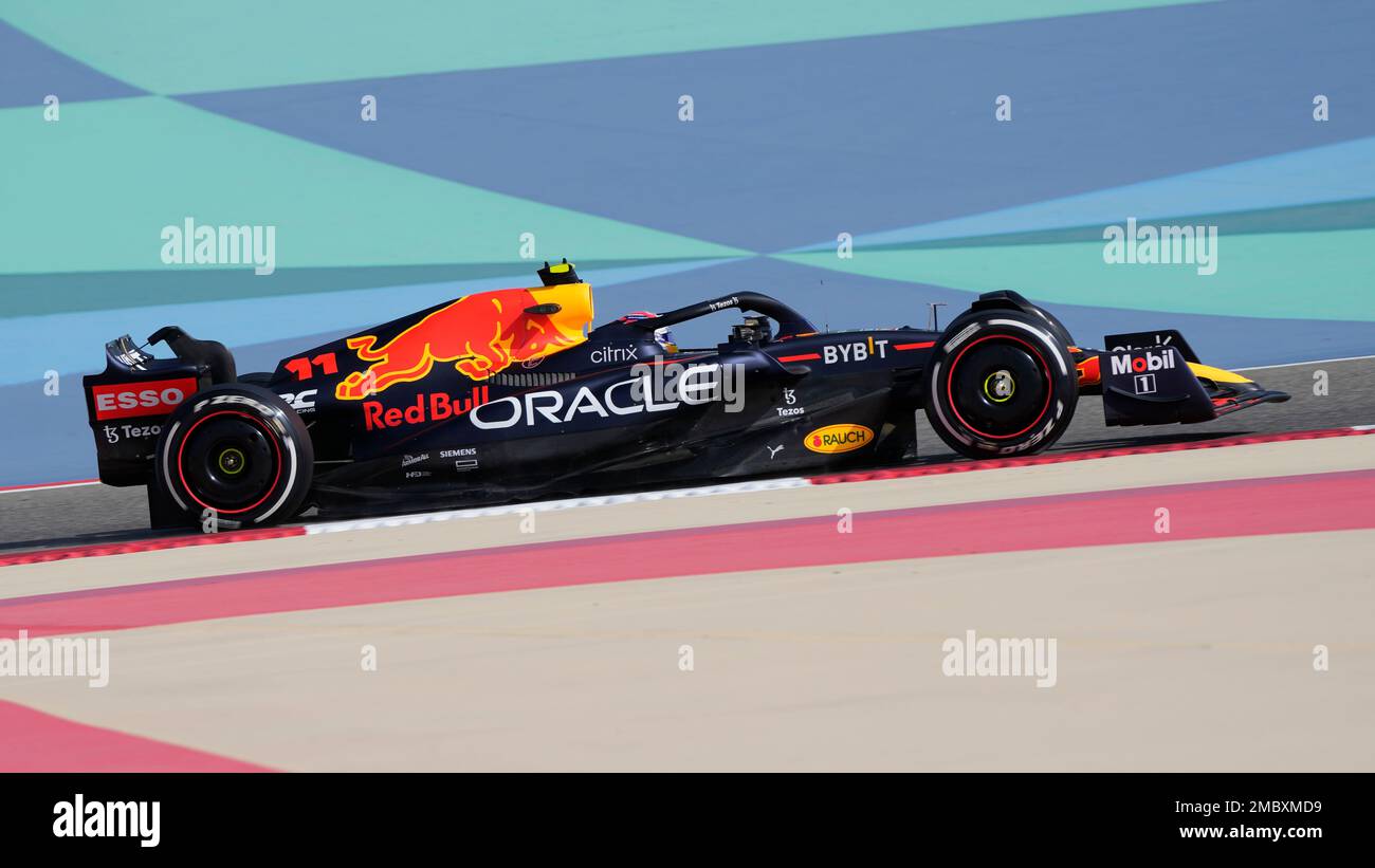 Red Bull driver Sergio Perez of Mexico steers his car during the first free practice at the ...