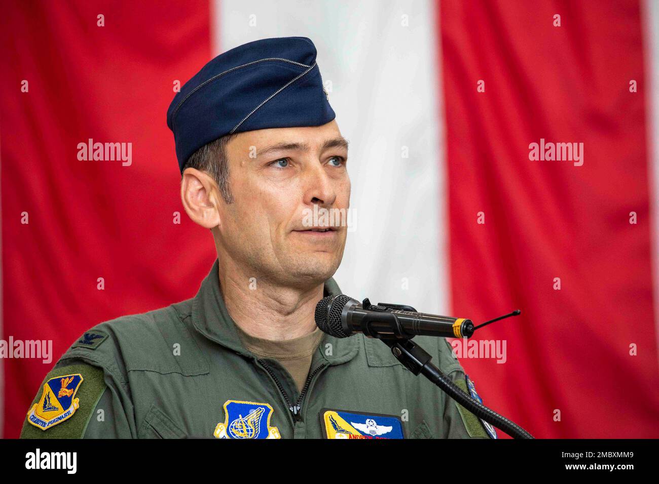 Col. Andrew Roddan, 374th Airlift Wing incoming commander, gives a ...