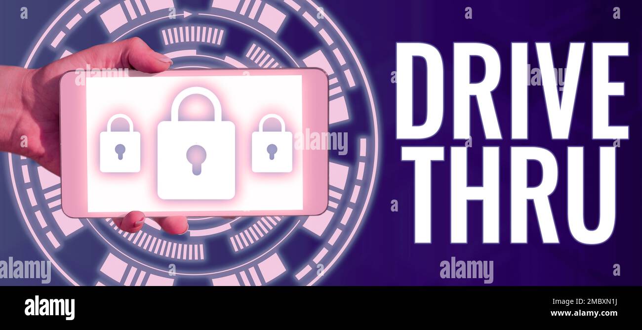 Text caption presenting Drive Thru. Word for place where you can get ...