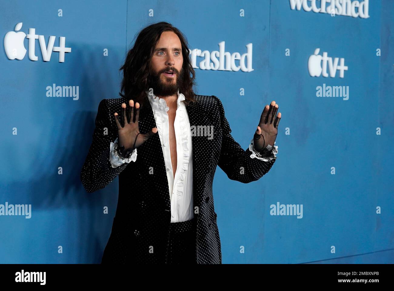 Jared Leto poses at the global premiere of the Apple TV+ miniseries ...