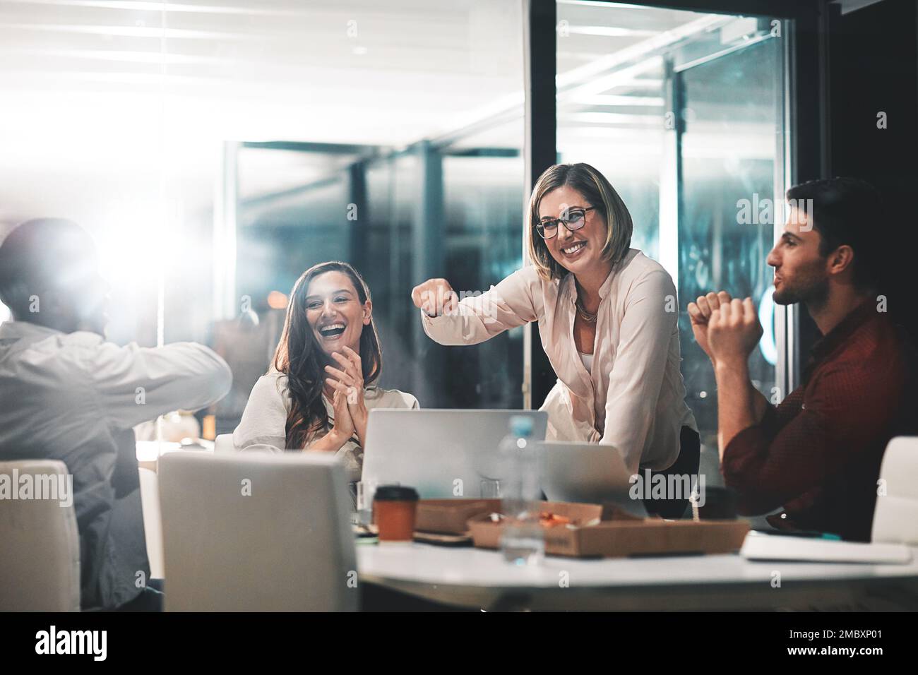 Fist bump, data analysis or business people in success business meeting, invest strategy or ...