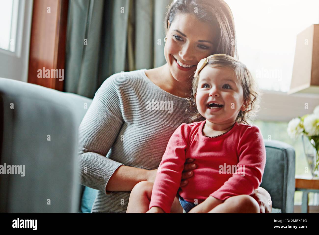 Relax, happy and smile with mother and baby on sofa for bonding ...