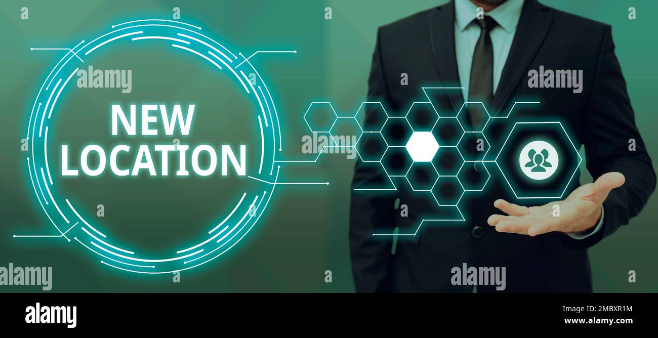 Text caption presenting New Location. Concept meaning Get located on a ...