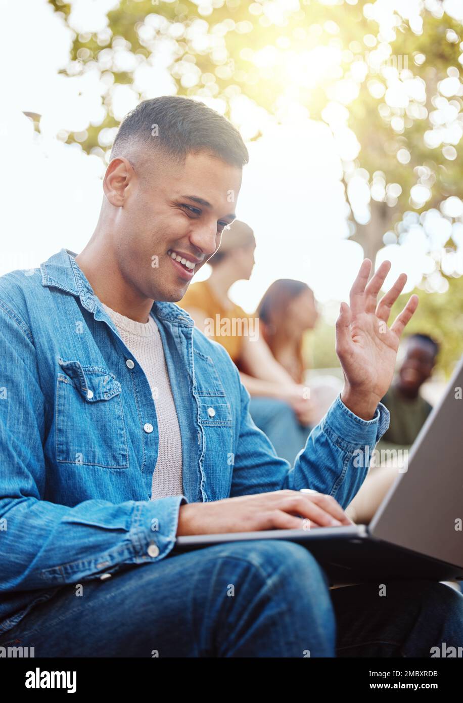 Education question, video call and student with laptop in campus for ...