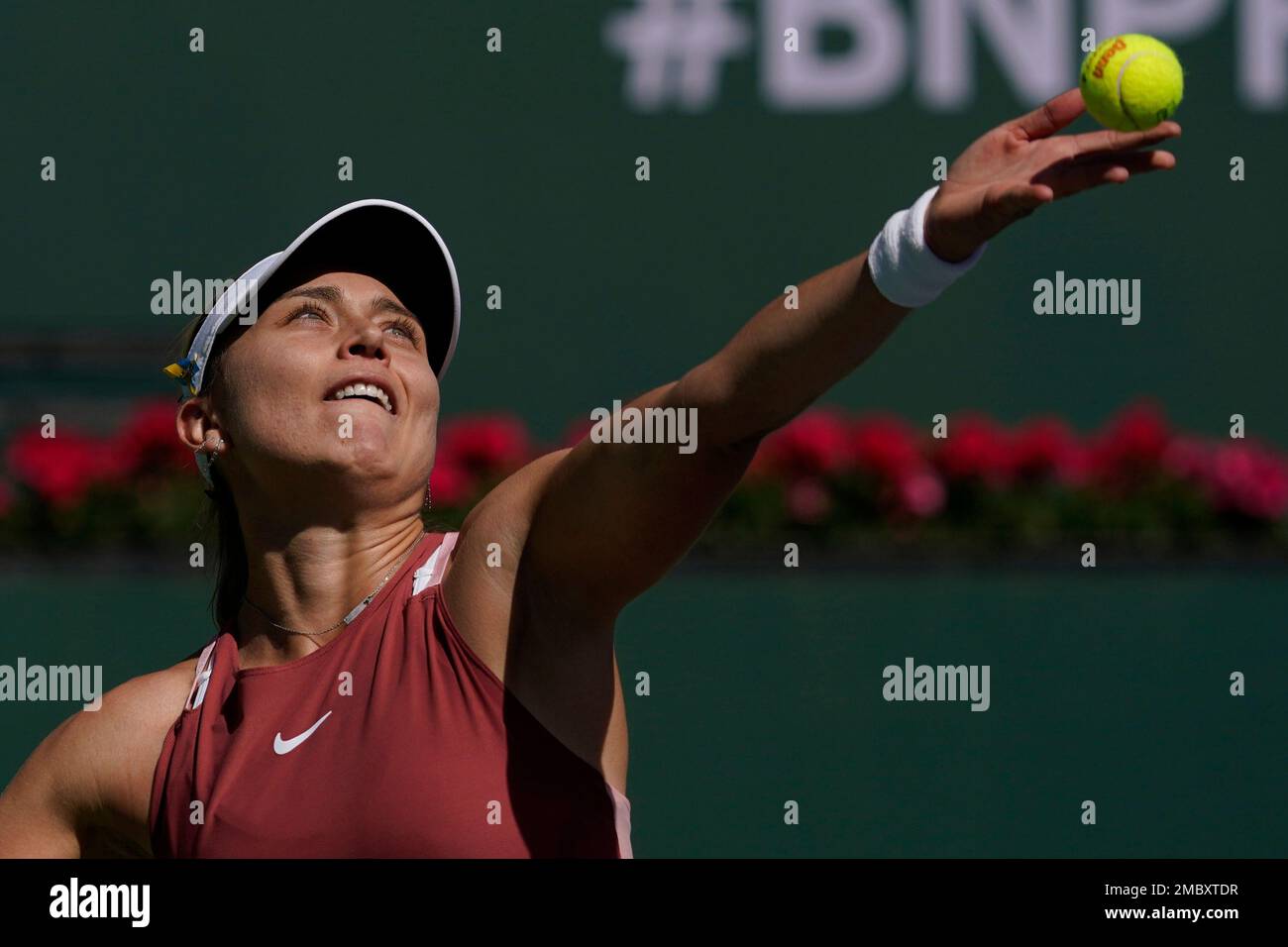 Paula Badosa, of Spain, serves to Veronika Kudermetova, of Russia ...