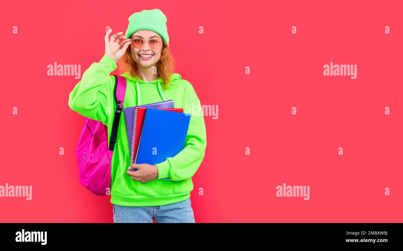 photo of school girl student hold backpack, copy space banner. school ...