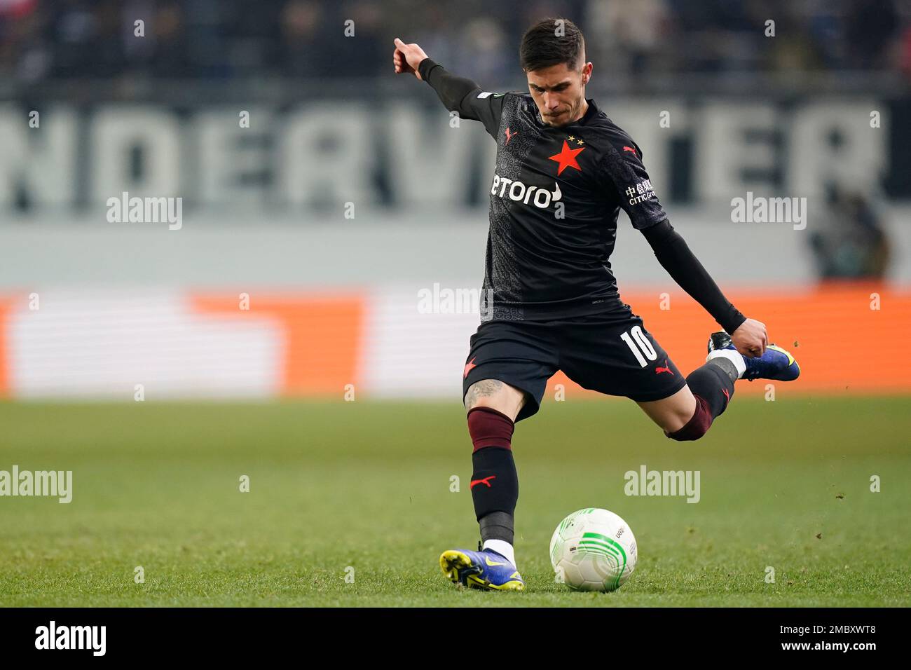 Slavia's Srdjan Plavsic is in action during the Europa Conference ...
