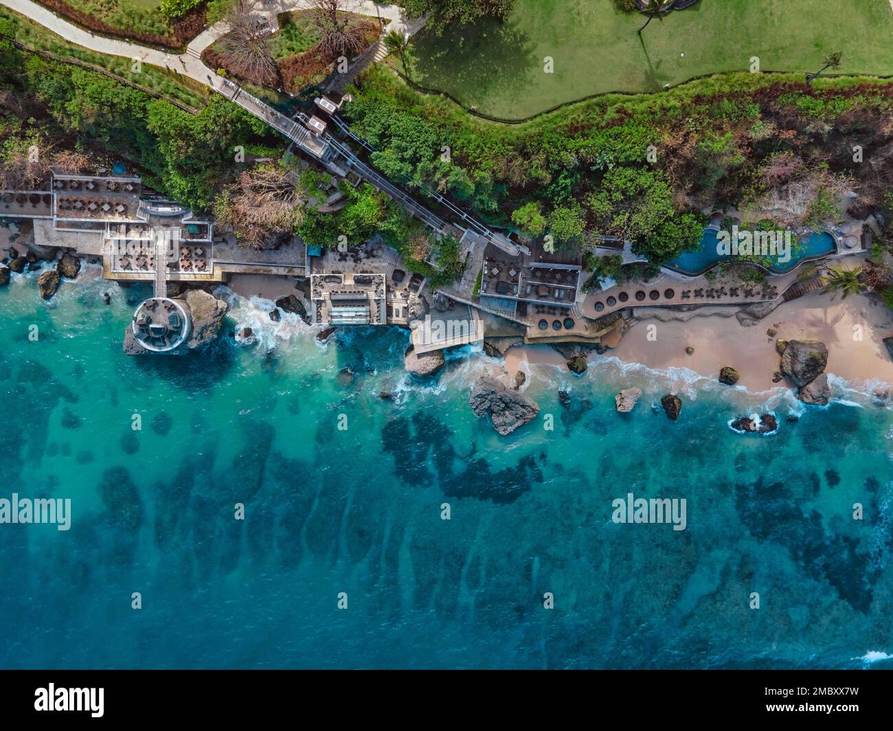 Aerial view of ocean coastline and cafe Stock Photo - Alamy