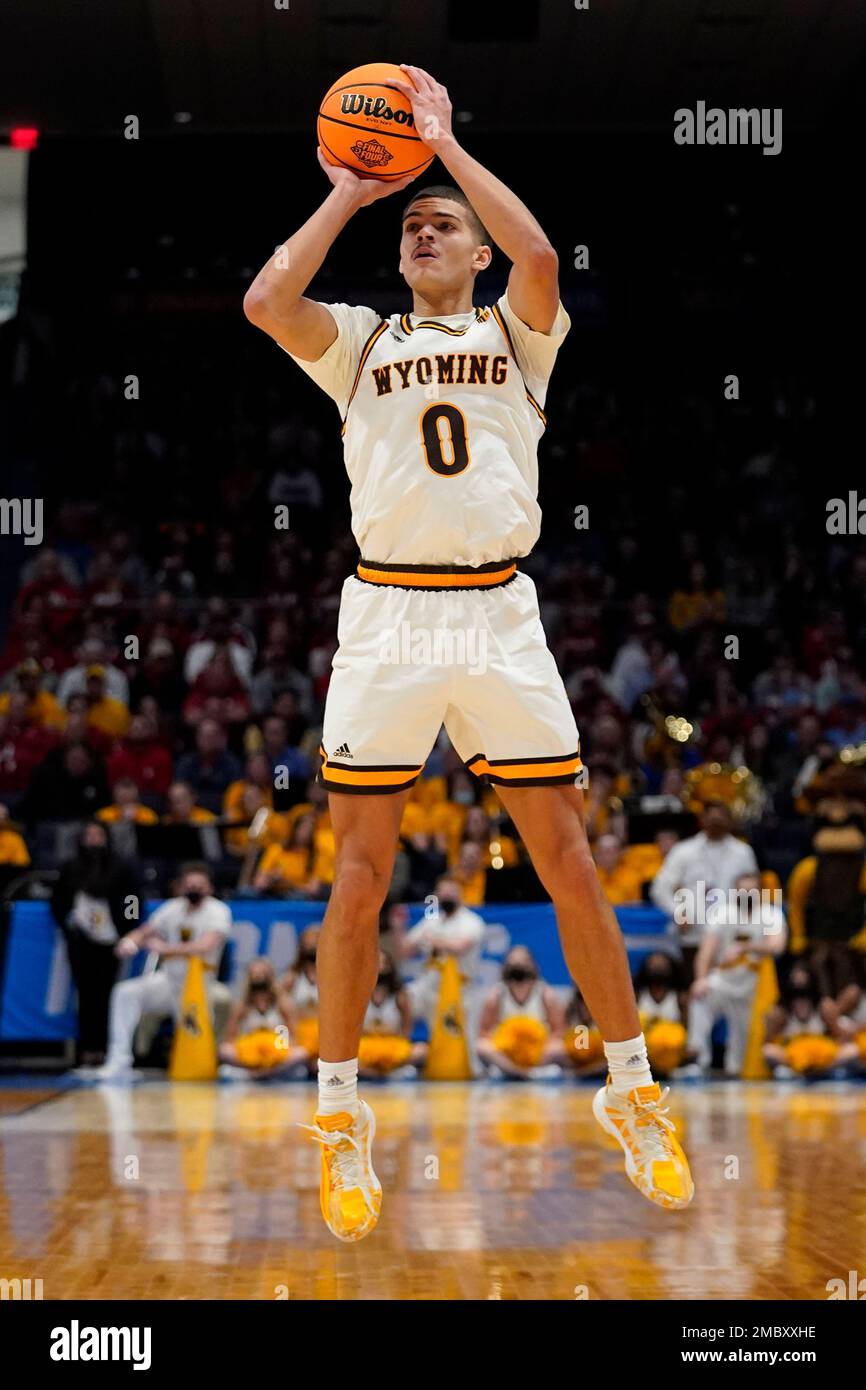 Wyoming guard Drake Jeffries (0) shoots during the first half of a ...