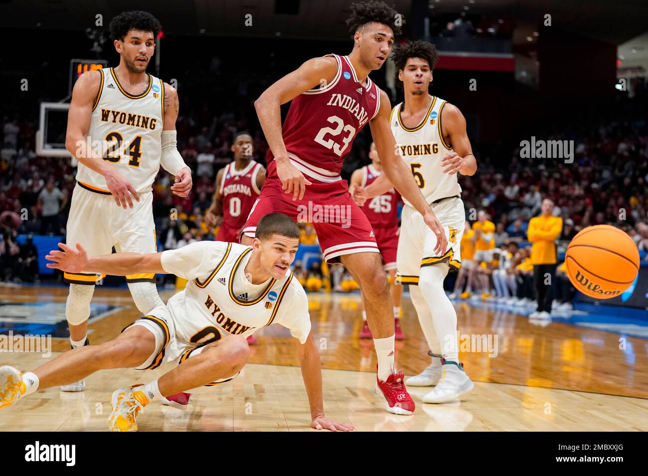 Wyoming's Drake Jeffries (0) and Indiana's Trayce Jackson-Davis (23 ...