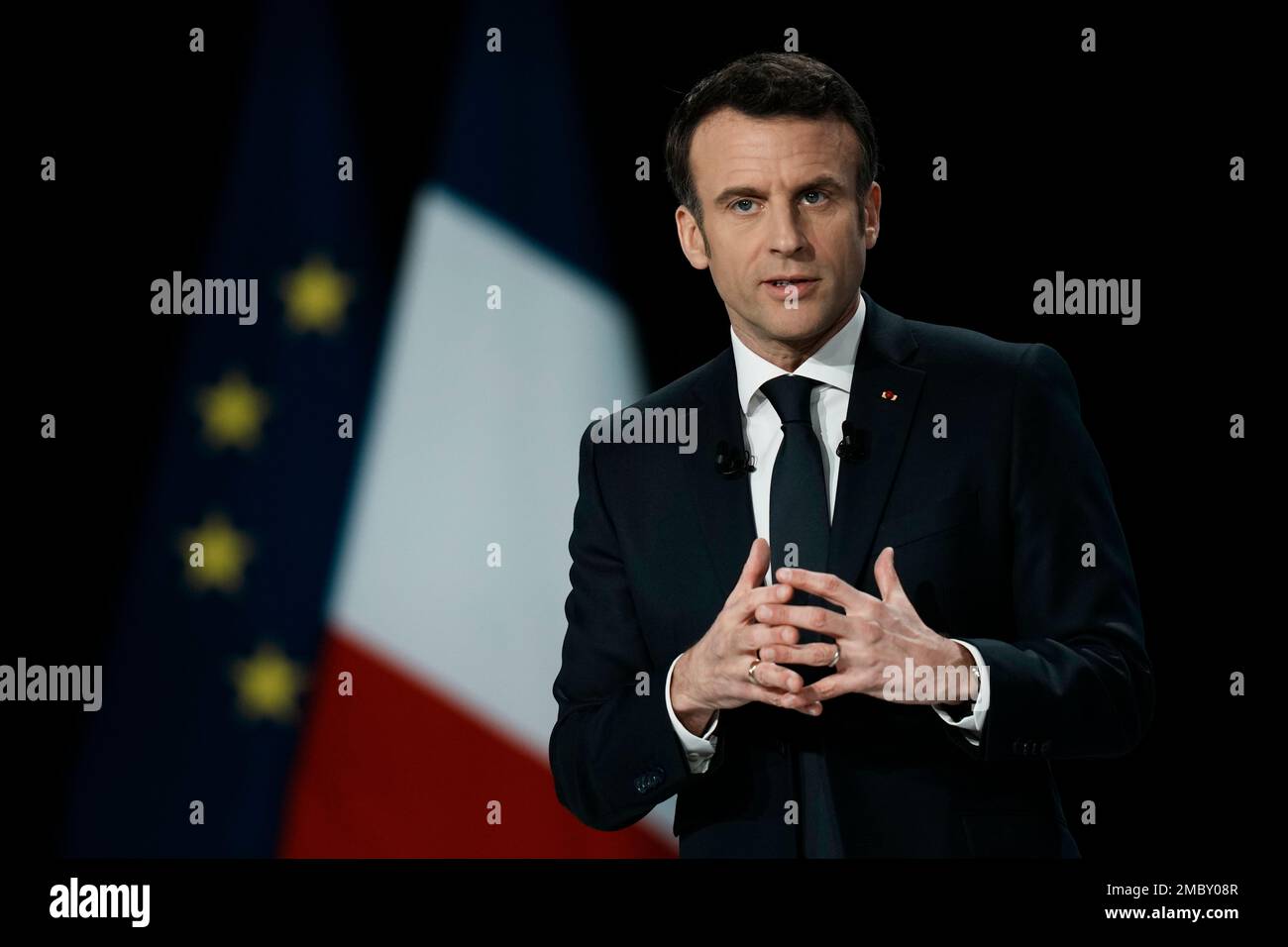 French President Emmanuel Macron delivers his speech during a ...