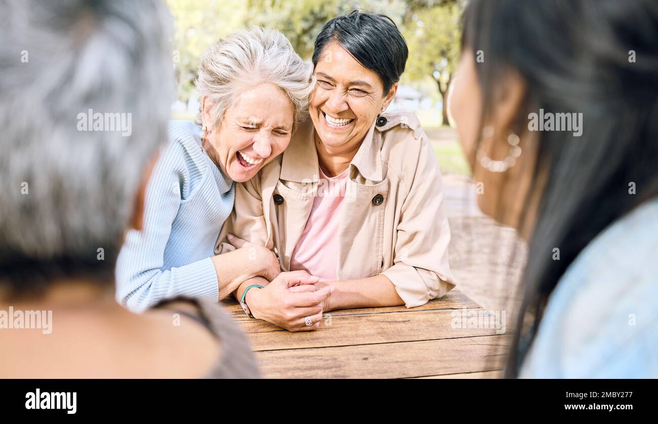 Women smile, friends and in park for reunion, bonding and conversation ...