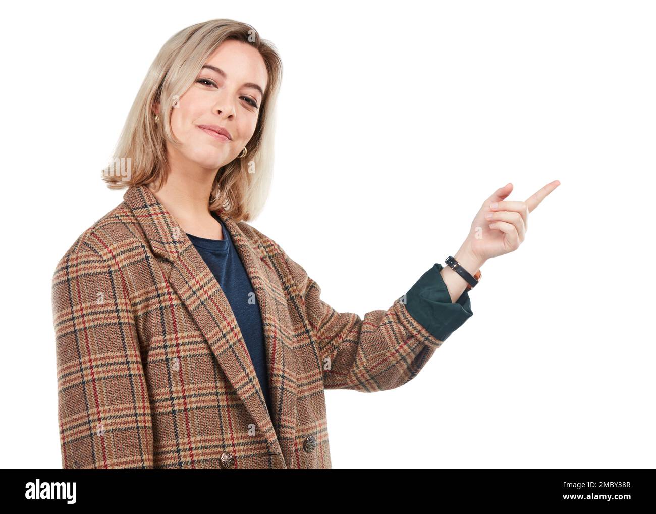 Portrait, brand and smiling woman pointing finger isolated against a ...