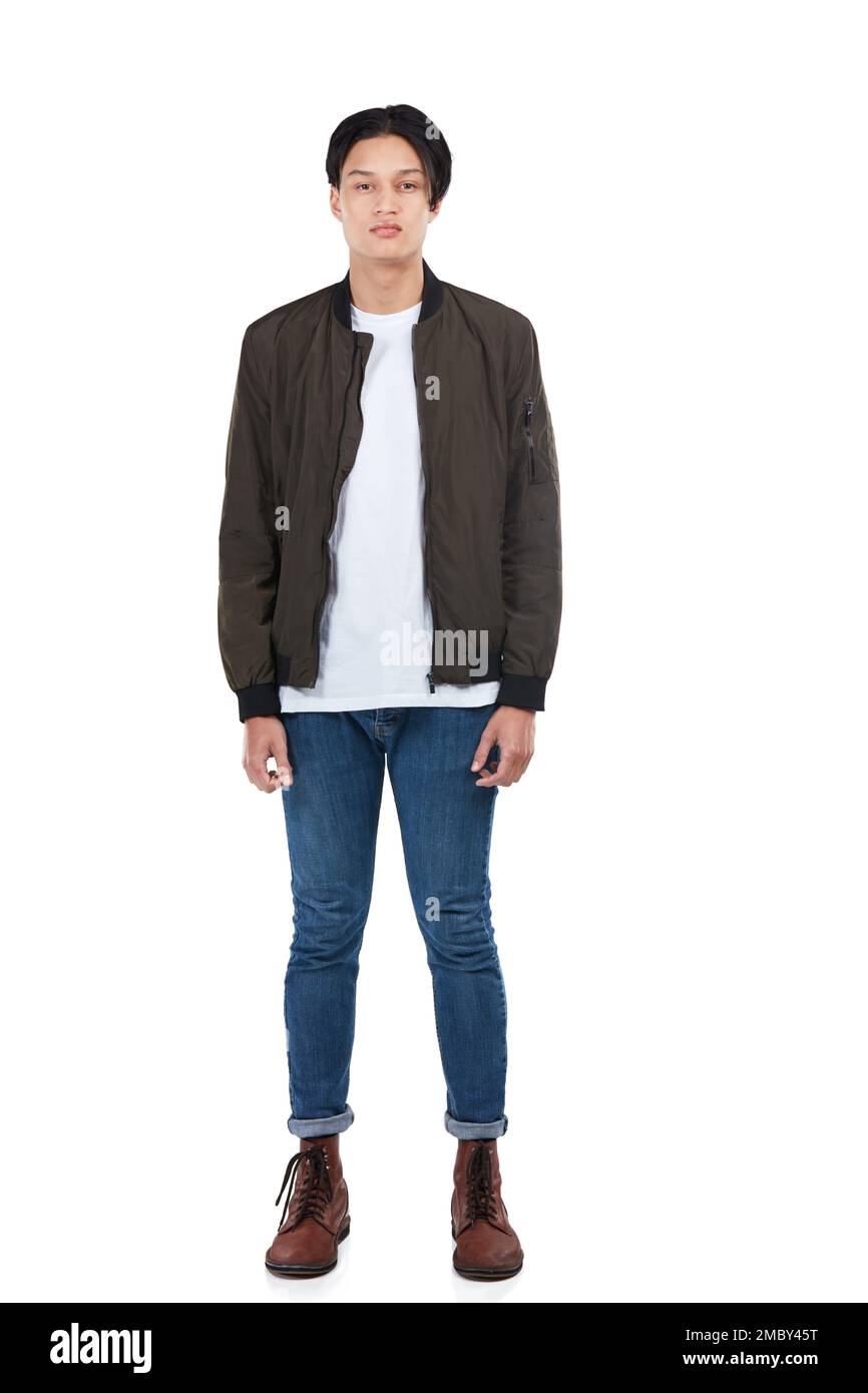 Young man, serious portrait and cool fashion clothes for gen z or edgy ...