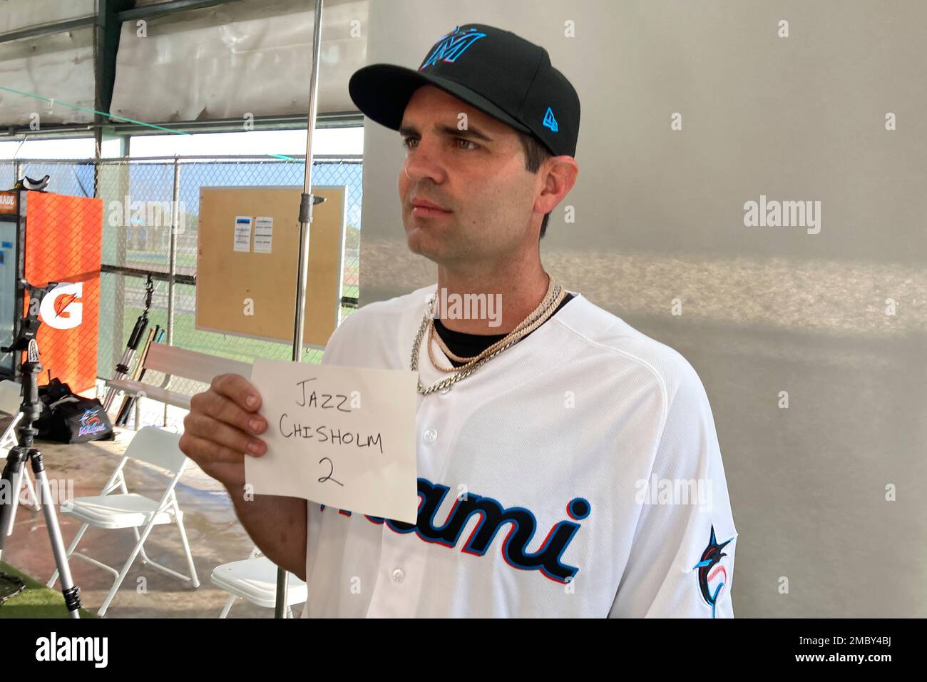 Miami Marlins pitcher pitcher Richard Bleier holds up infielder Jazz ...