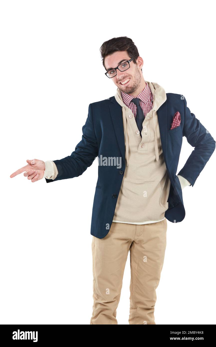Man, portrait and nerd pointing with happiness and smile in isolated ...