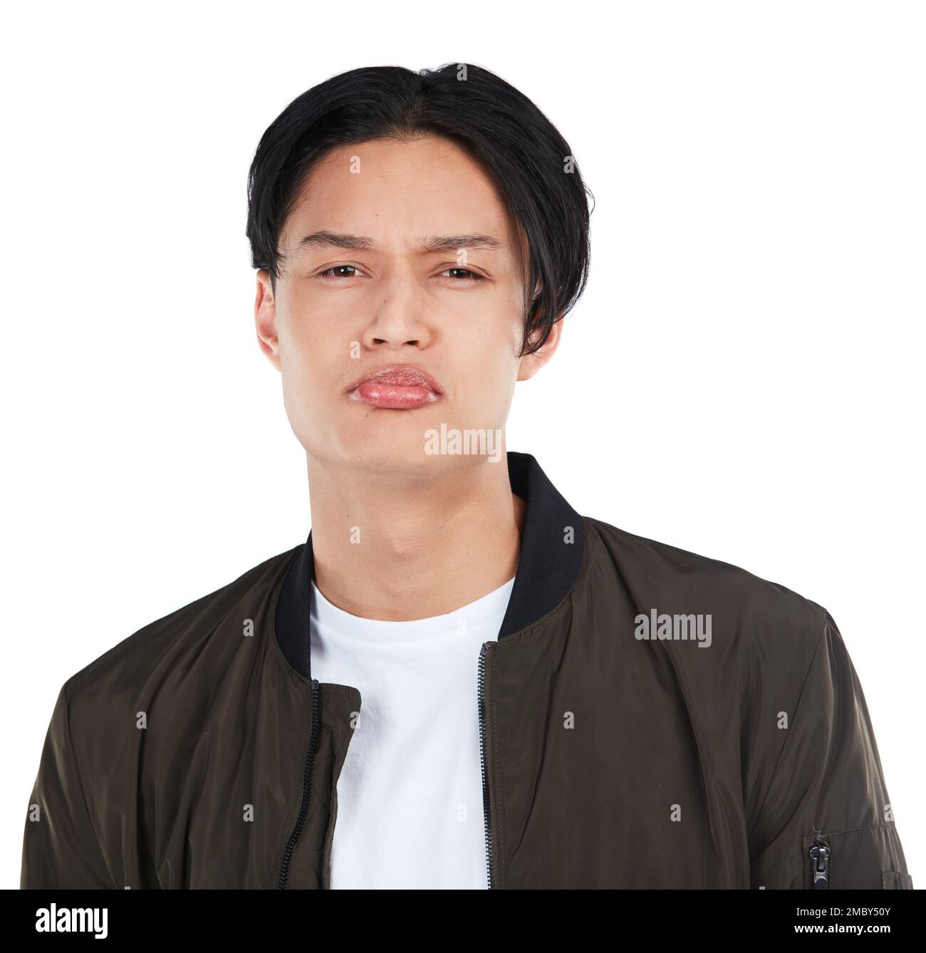 Sad, upset and portrait of an Asian man in studio with an upset ...