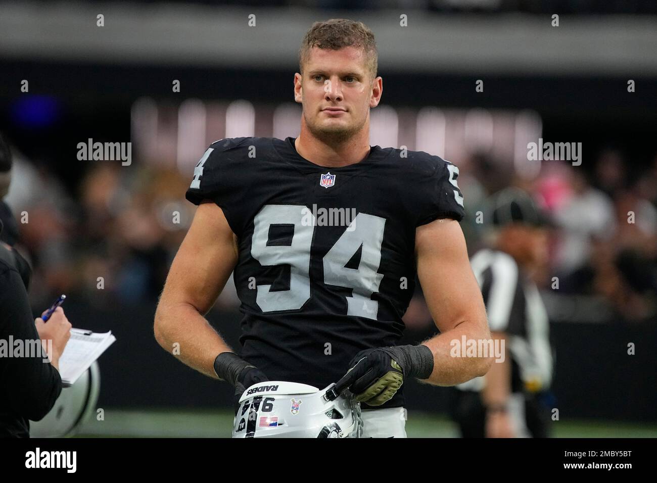 FILE - Las Vegas Raiders defensive end Carl Nassib (94) is shown during an NFL football game ...