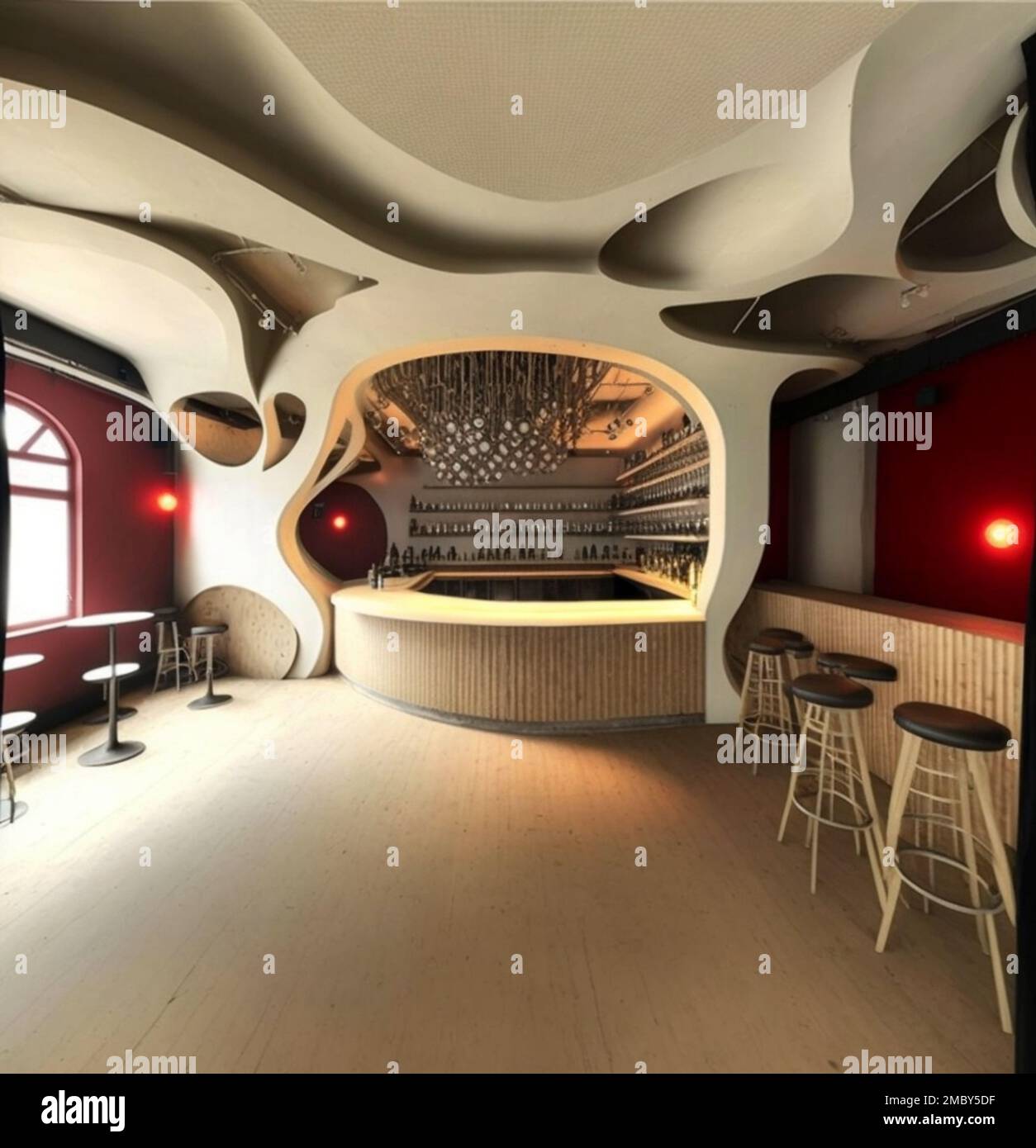A modern loft-style interior design of a bar counter in a calm colorful ...