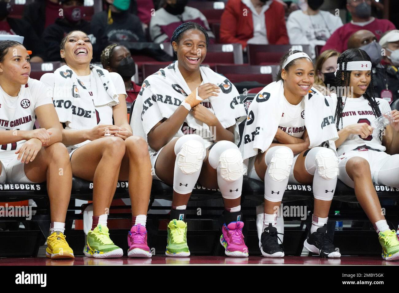 FILE - South Carolina forward Aliyah Boston, center, laughs with ...